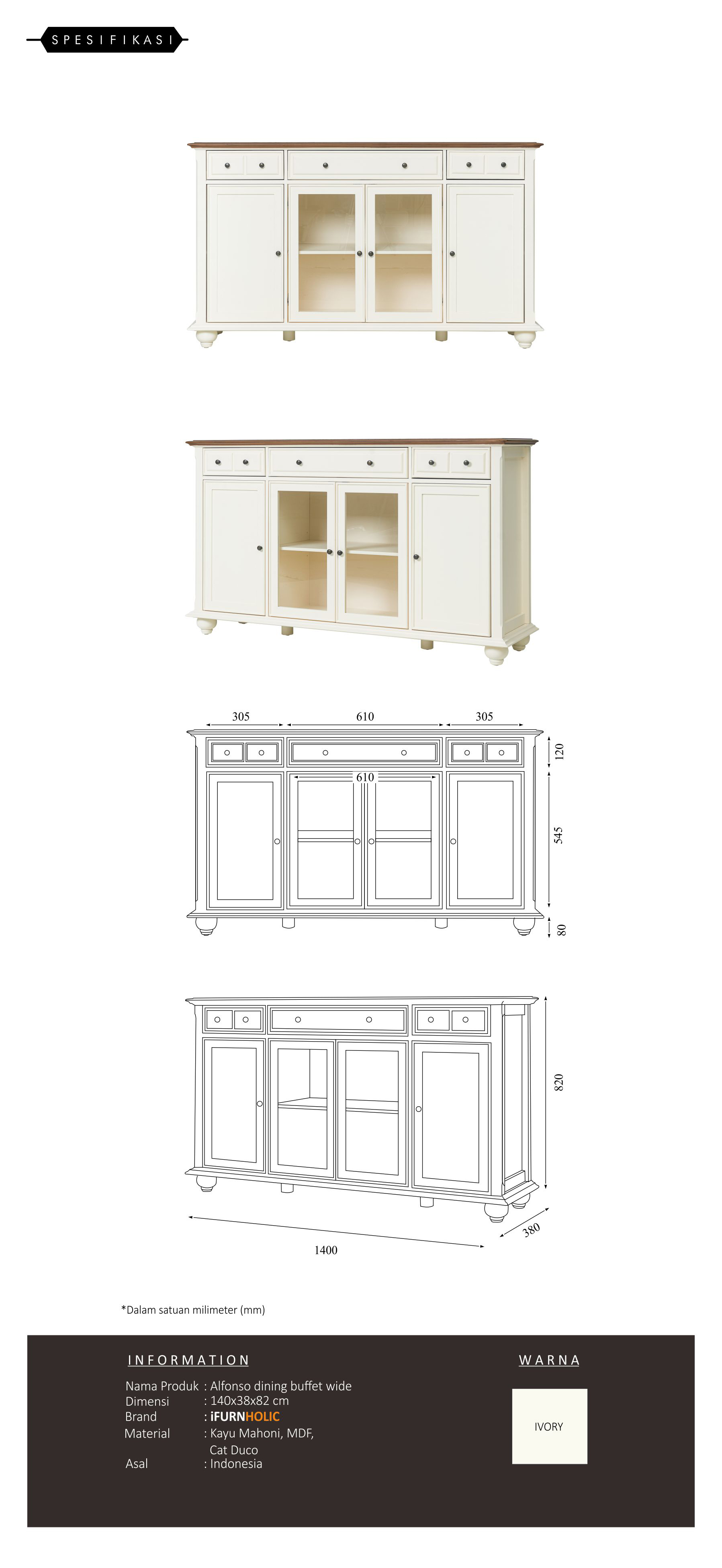 Alfonso Dining Buffet Wide (Ivory-Brown)