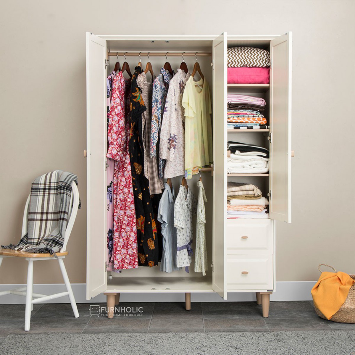 Hannah Wardrobe 3 Doors (Ivory-Brown)