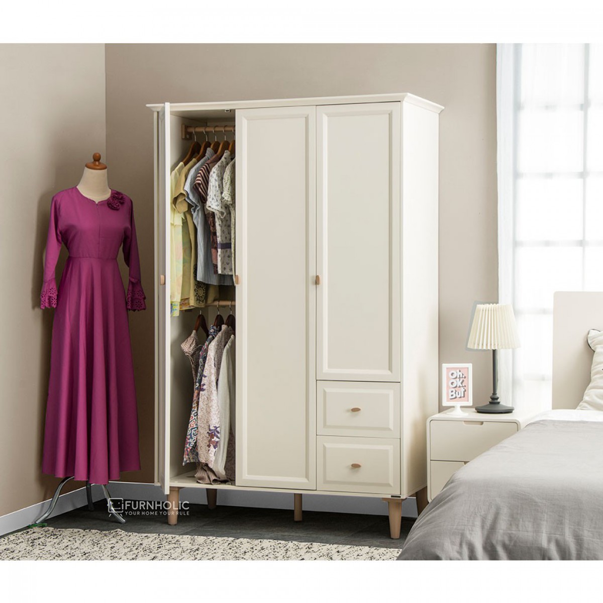 Hannah Wardrobe 3 Doors (Ivory-Brown)