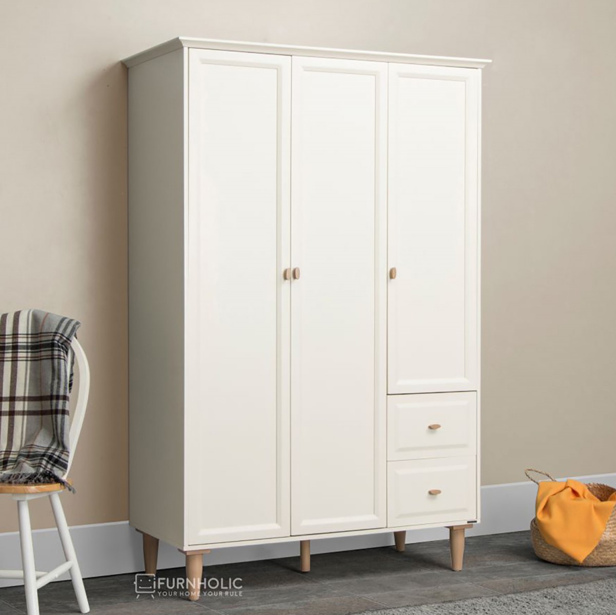 Hannah Wardrobe 3 Doors (Ivory-Brown)